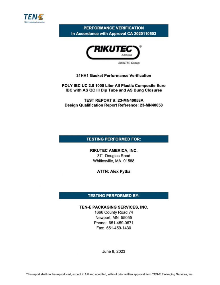Rikutec 23-MN40058A 31HH1 1000 Liter IBC Report - Rikutec America