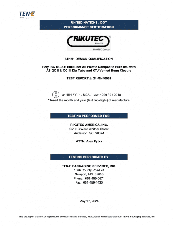 Rikutec 24-MN40069 31HH1 1000 Liter IBC Report - Rikutec America