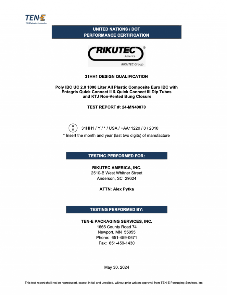 Rikutec 24-MN40070 31HH1 1000 Liter IBC Report - Rikutec America
